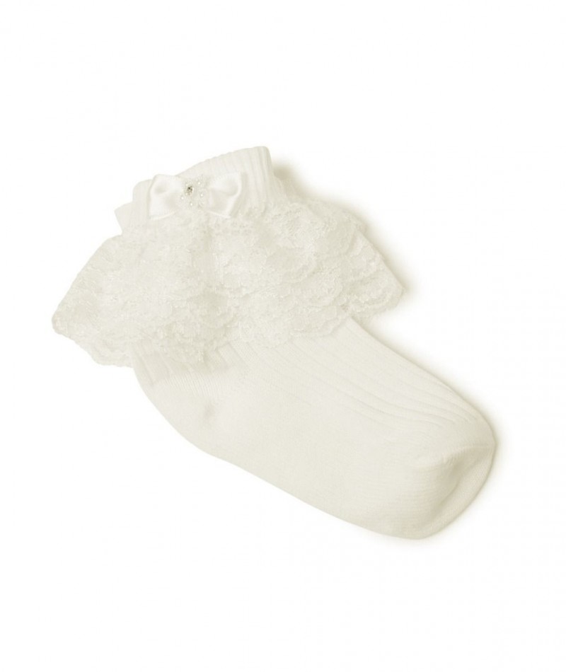 Ivory Communion Socks with frill lace top and pearl details